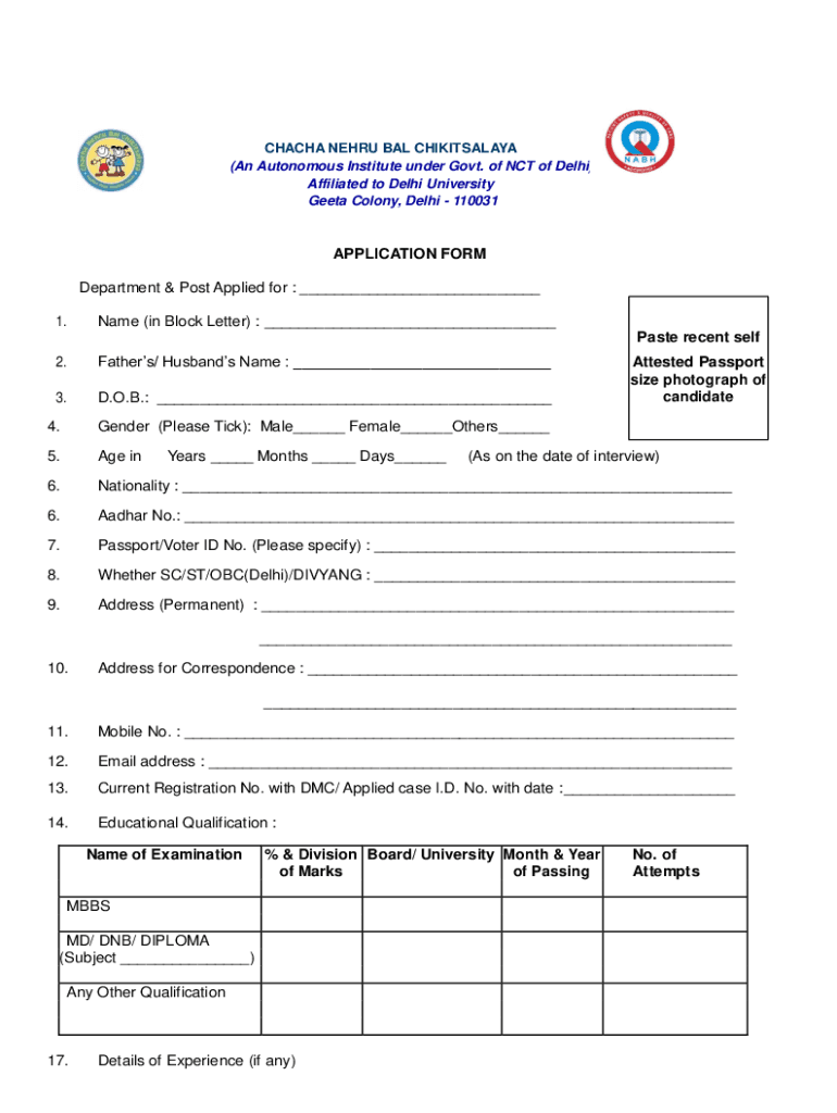 Fillable Online PDF CHACHA NEHRU BAL CHIKITSALAYA (An ... - Delhi Govt ...