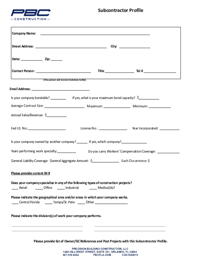 Fillable Online PBC Subcontractor Form Fax Email Print - pdfFiller