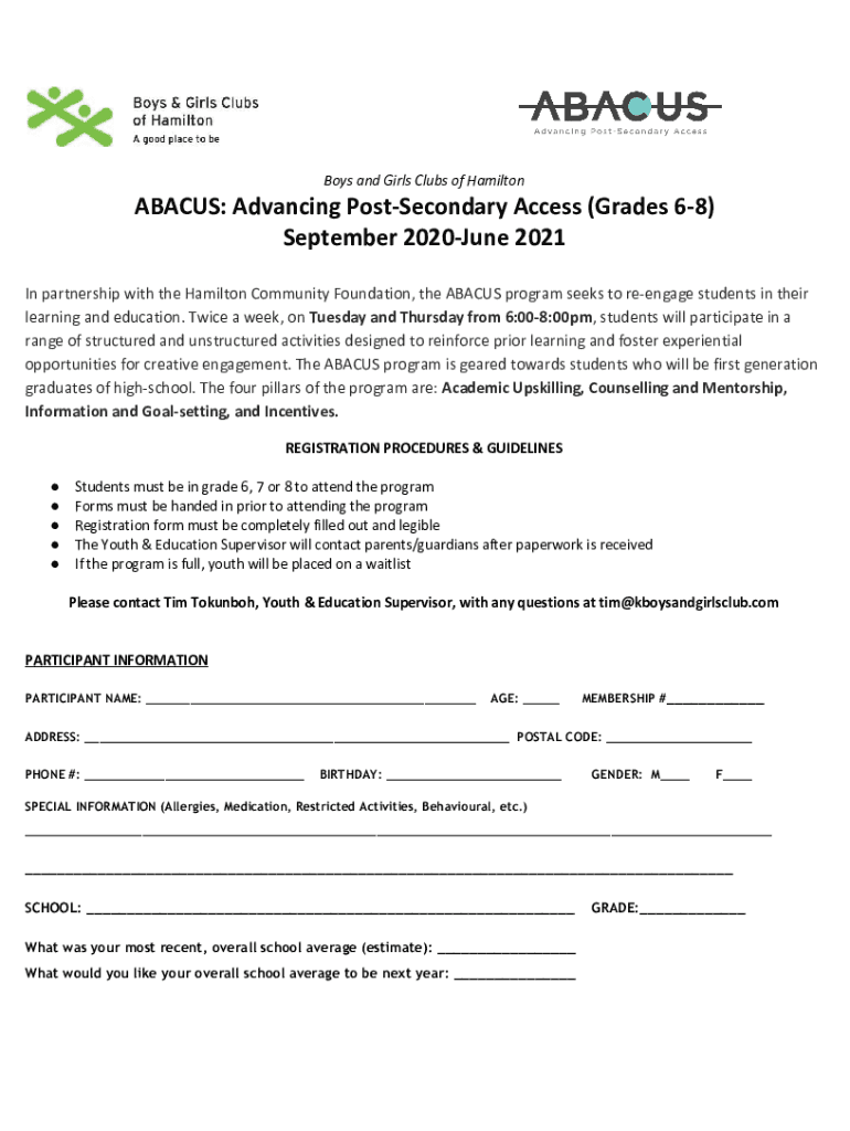 Fillable Online ABACUS: Advancing Post-Secondary Access (Grades 6-8 ...