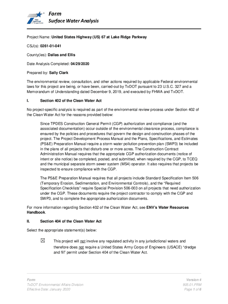 Fillable Online Surface Water Analysis Form Fax Email Print - pdfFiller