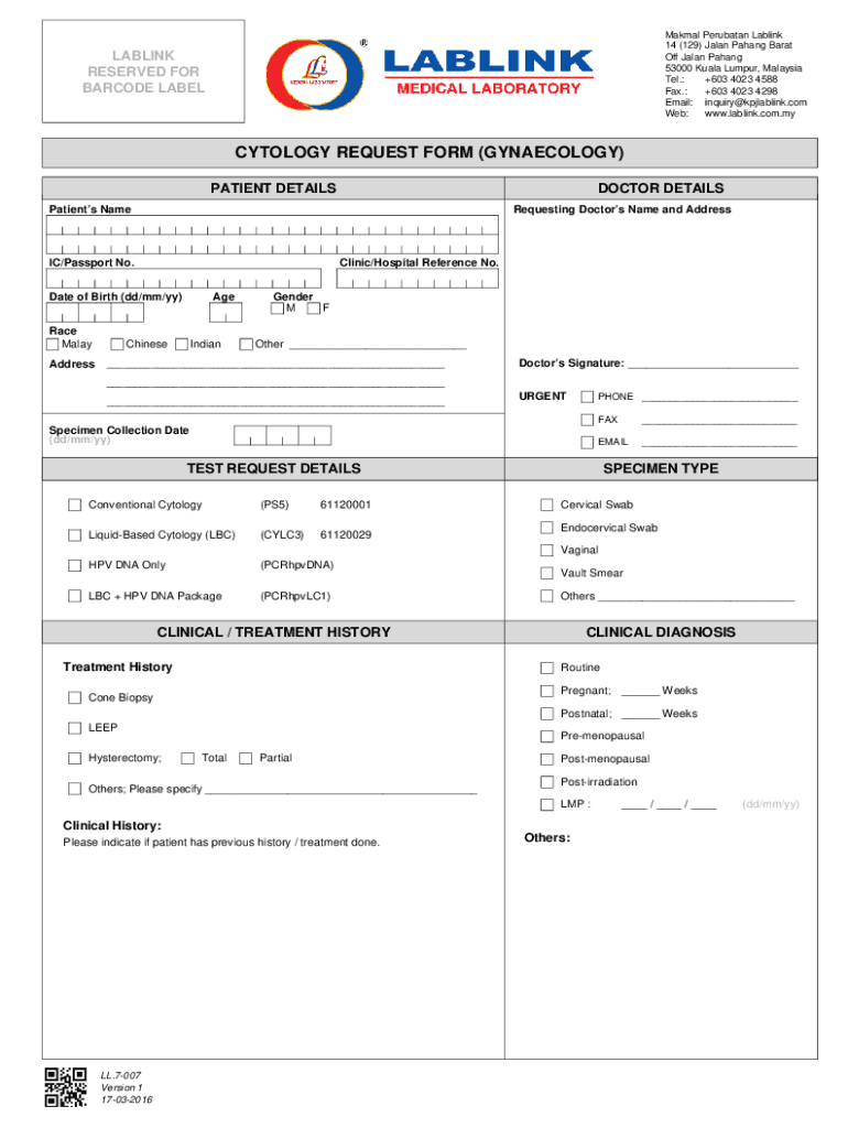 Fillable Online Visio-LL.7-XXX - Cytology Request Form (Gynaecology ...
