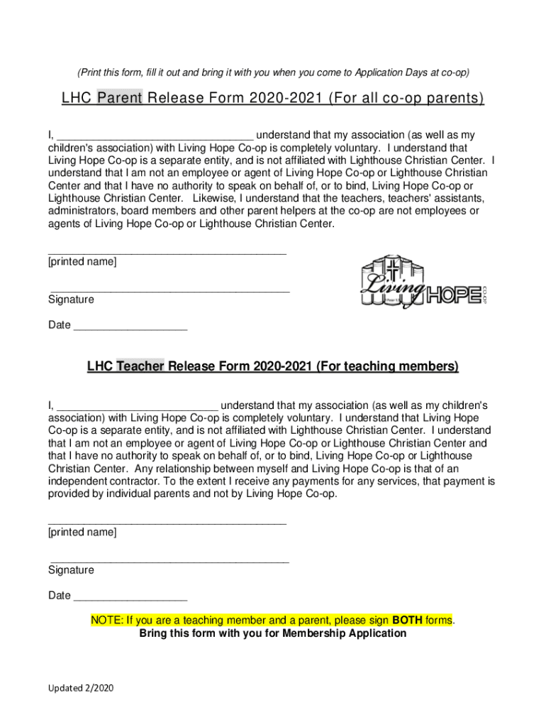 Fillable Online LHC Parent Release Form 2020-2021 (For all co-op ...