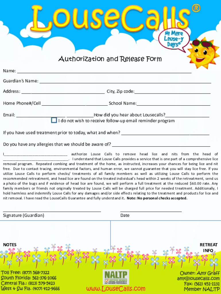 Fillable Online Authorization and Release Form - In-Home Head Lice ...