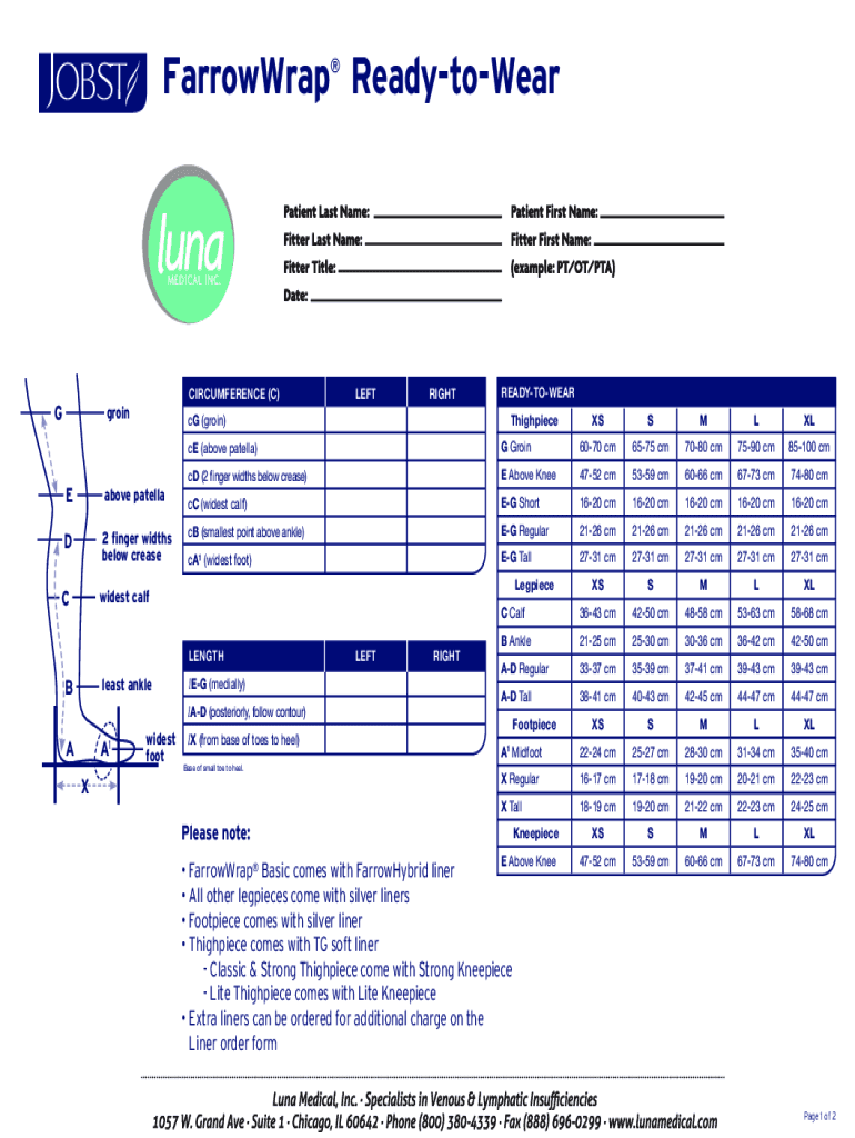 Fillable Online FARROWWRAP RTW LOWER EXTREMITY GARMENT(s) MEASUREMENT ...