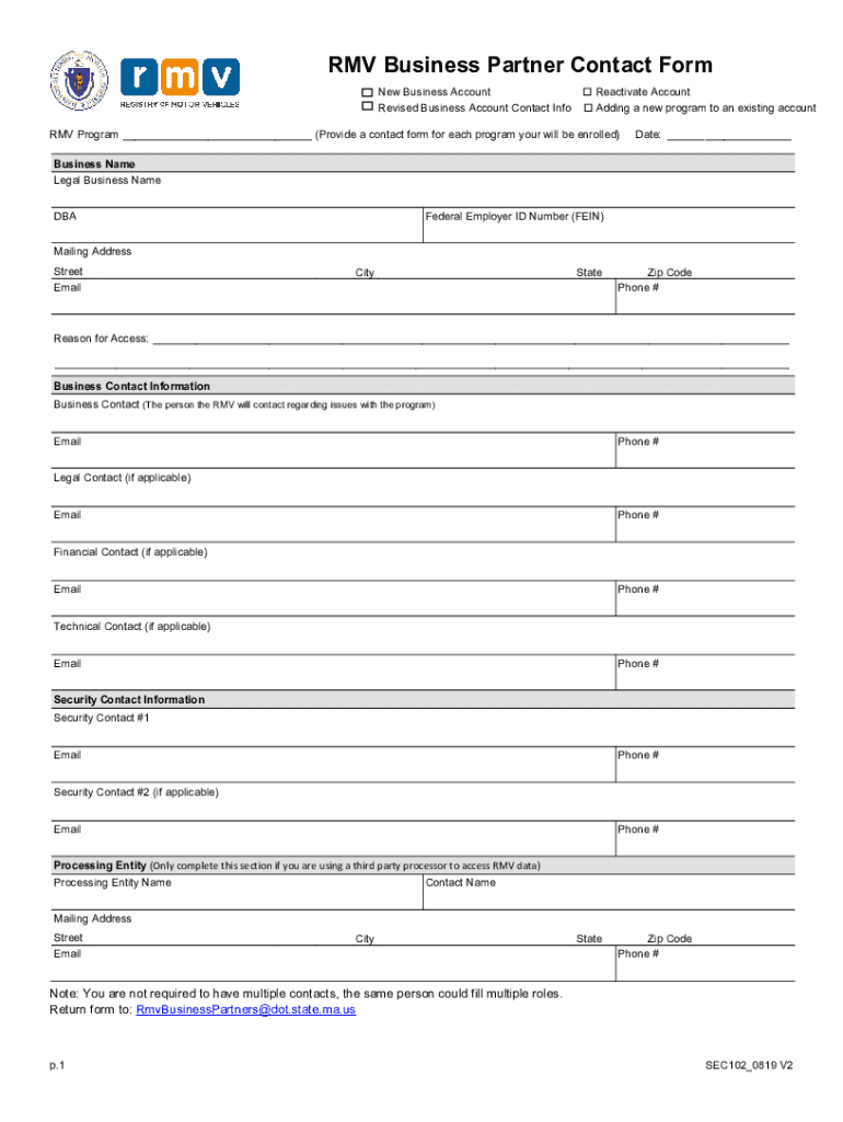 Fillable Online RMV Business PartnersMass.govRMV system accessMass ...