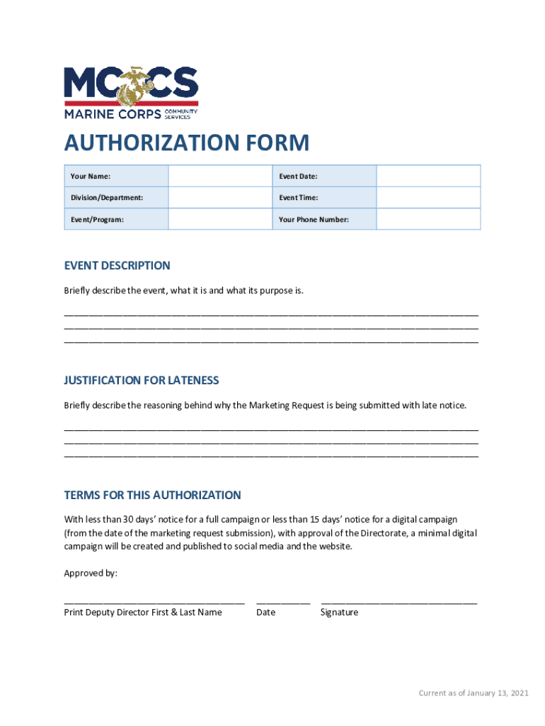 Fillable Online AUTHORIZATION FORM - 29palms.usmc-mccs.org Fax Email ...