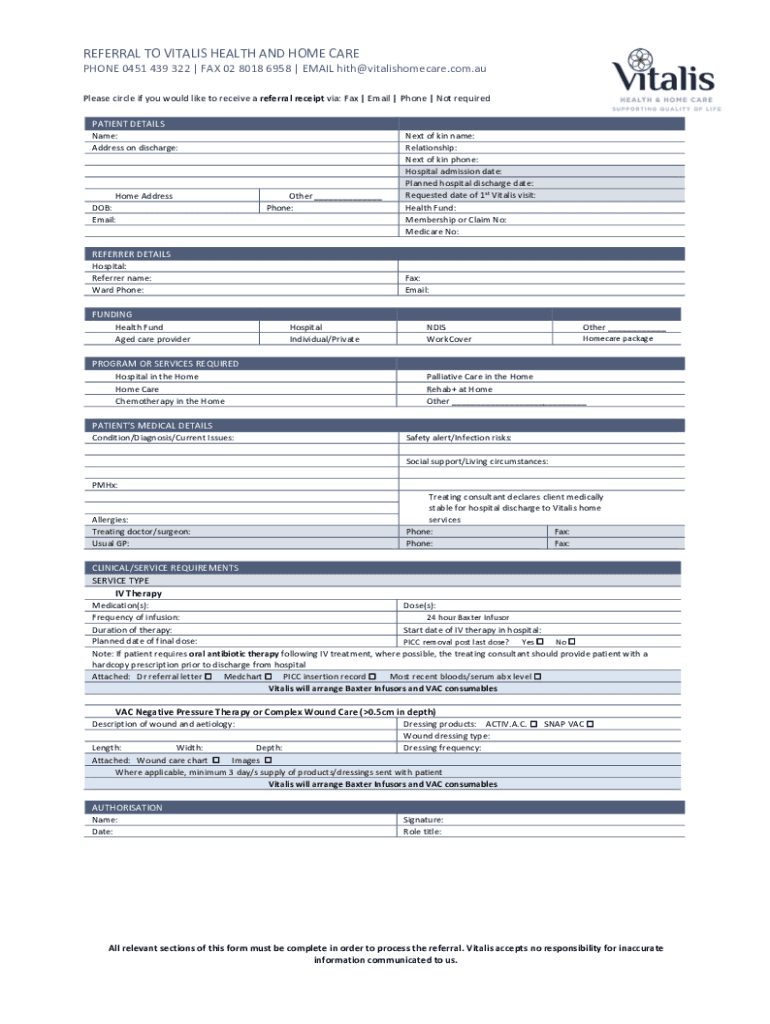 Fillable Online Vitalis HITH Referral Form.docx Fax Email Print - pdfFiller