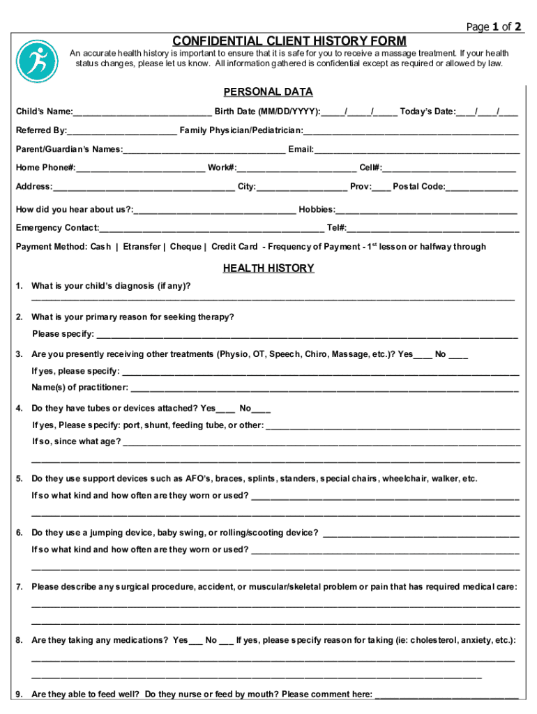 Fillable Online *CONFIDENTIAL* New Client History Form Page 1 of 9 Fax ...