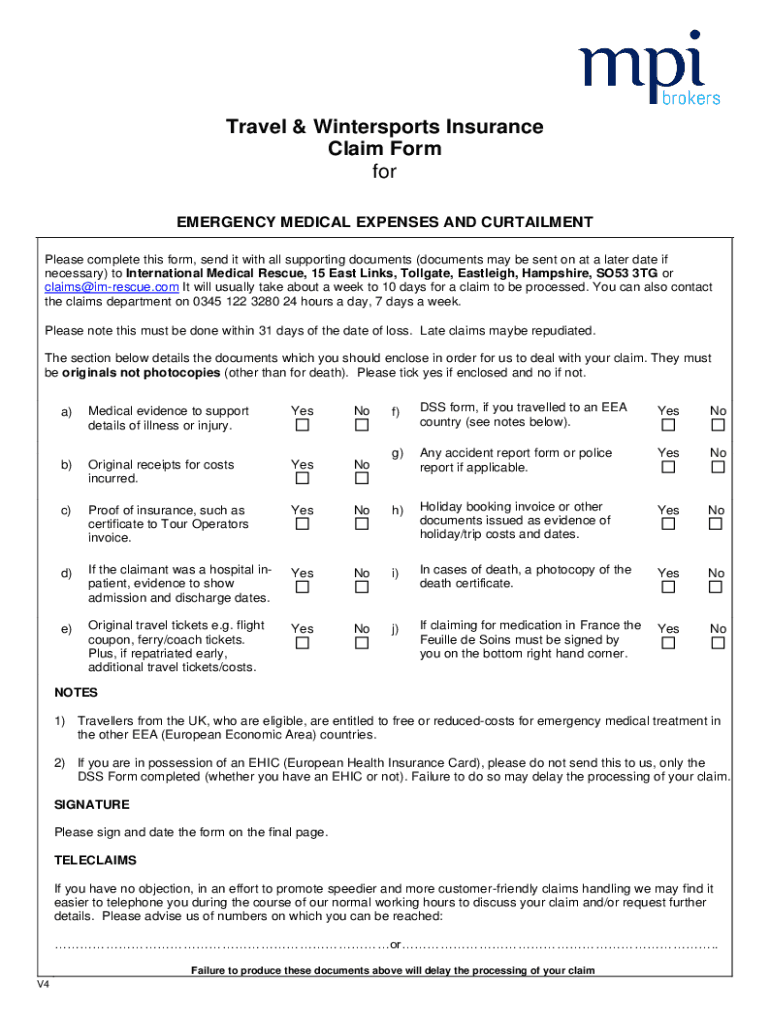 Fillable Online Medical Travel Insurance Claims Form (Download here ...