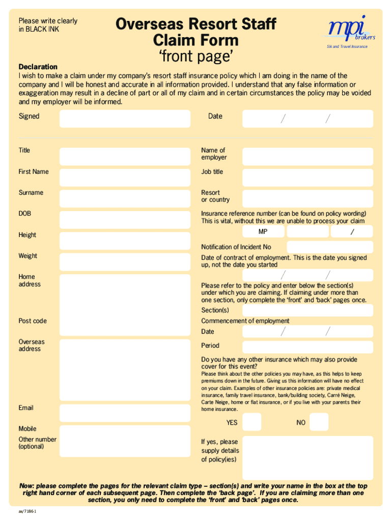 Fillable Online Overseas Resort Staff Claim Form front page Fax Email ...