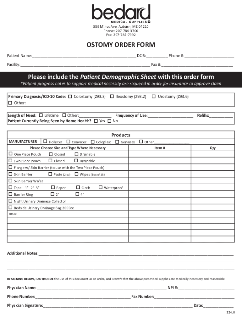 Fillable Online OSTOMY ORDER FORM - Bedard Pharmacy and Medical ...