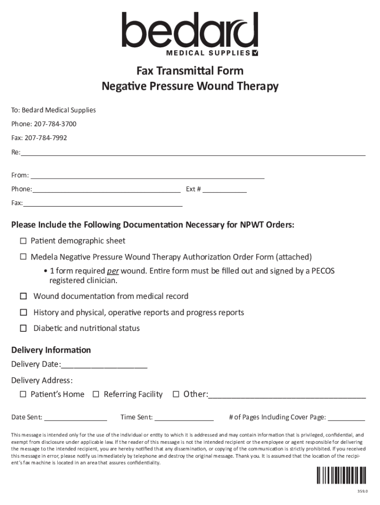Fillable Online Fax Transmittal Form Negative Pressure Wound Therapy ...