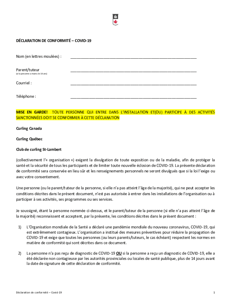 Remplissable En Ligne DCLARATION DE CONFORMIT COVID-19 Fax Email Imprimer - pdfFiller