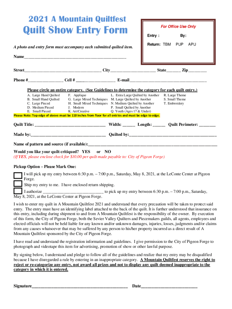 Fillable Online 2021 A Mountain Quiltfest Quilt Show Entry Form For ...
