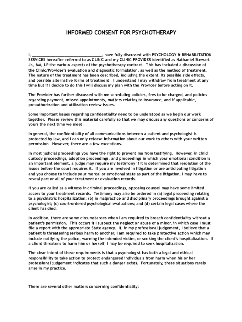 Fillable Online INFORMED CONSENT FOR PSYCHOTHERAPY - Websites 360 Fax ...