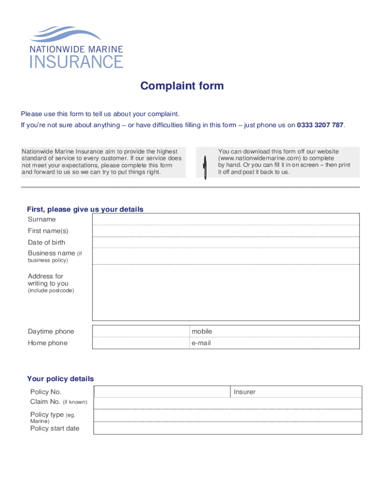 Nationwide Marine Insurance Complaint Form - Blank Fillable Template ...