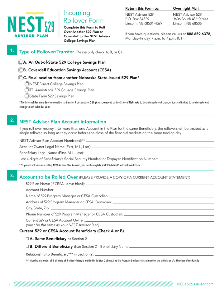 Fillable Online Incoming Rollover Form Lincoln, NE 68506 Fax Email ...