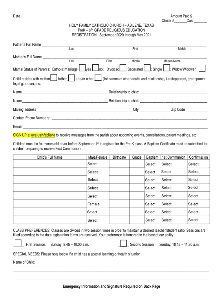 Fillable Online Family Registration FormHoly Family Catholic Church ...