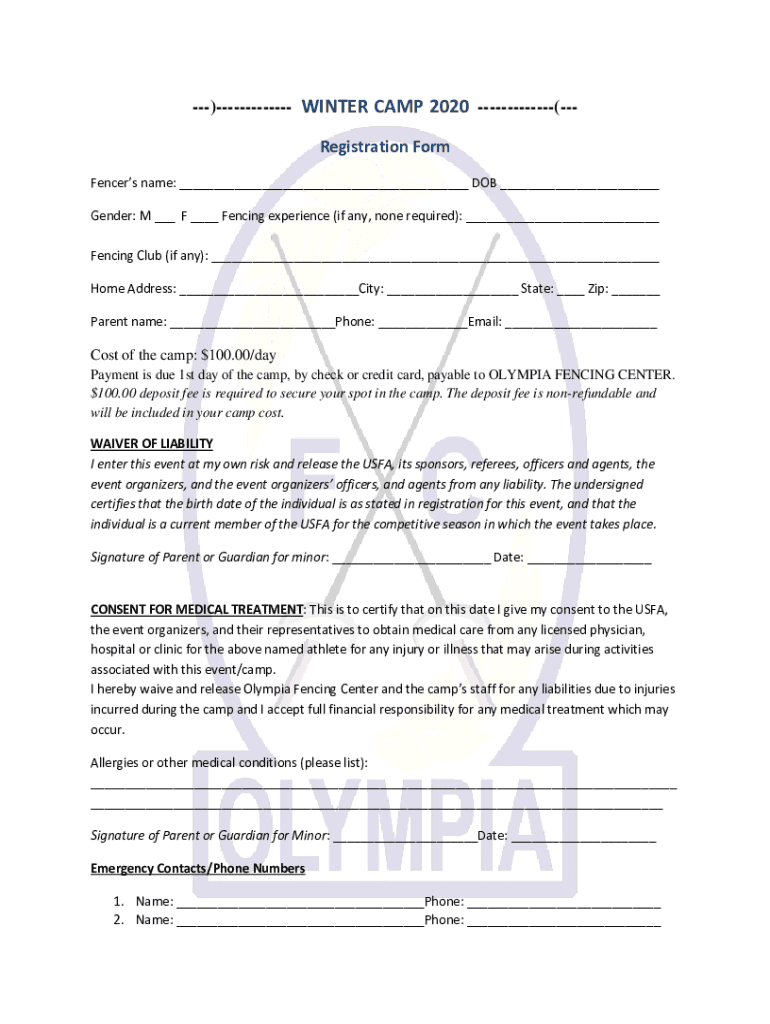 Fillable Online ---)------------- WINTER CAMP 2020 ...