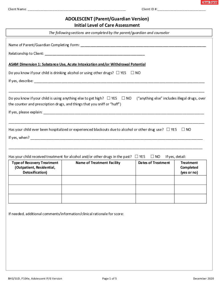 Fillable Online 104e-3 Parent Guardian Initial LOC Assessment Form Fill ...