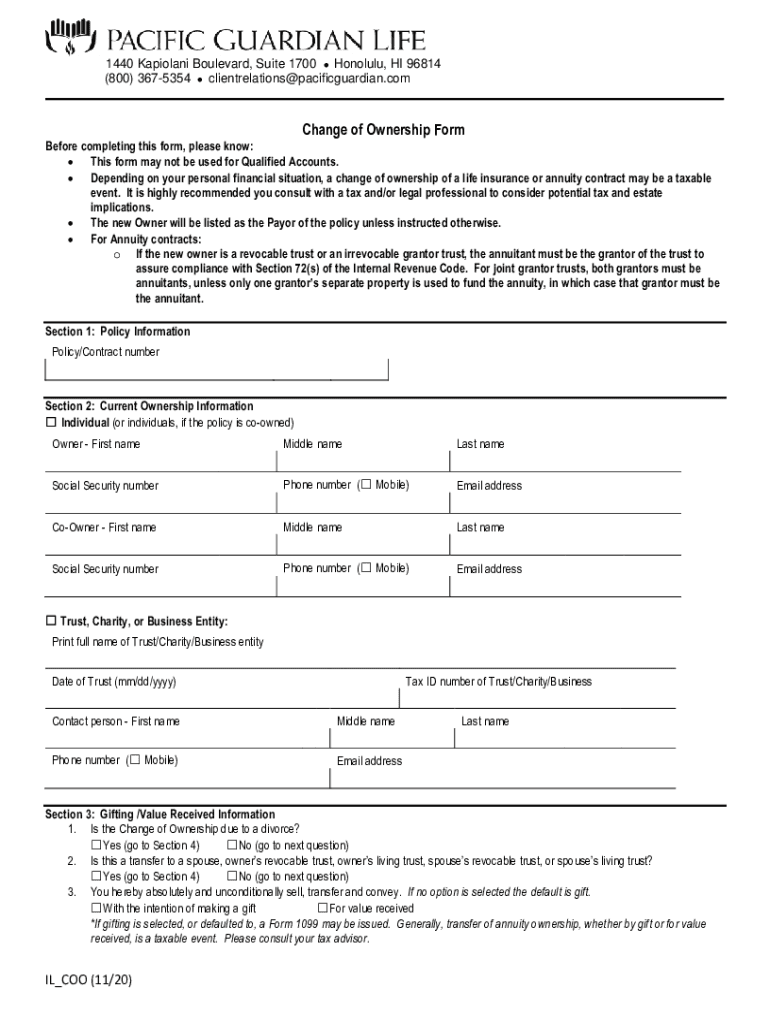 Fillable Online Change of Ownership Form - Pacific Guardian Life ...