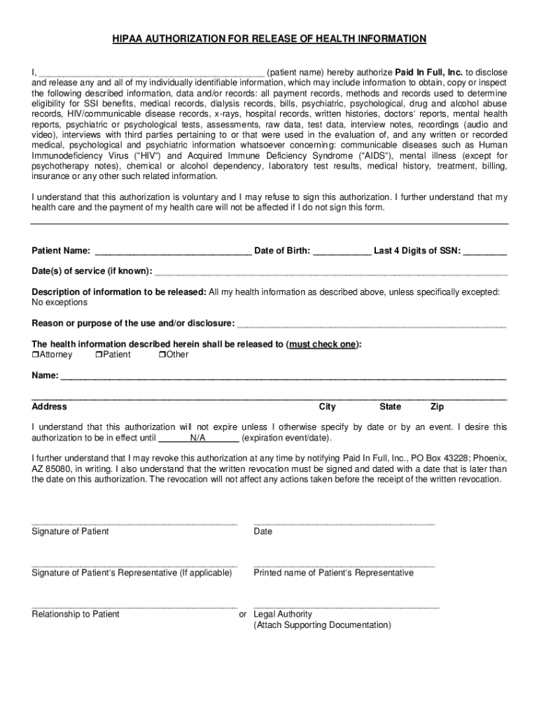 Fillable Online HIPAA Authorization to Release Medical Information form ...