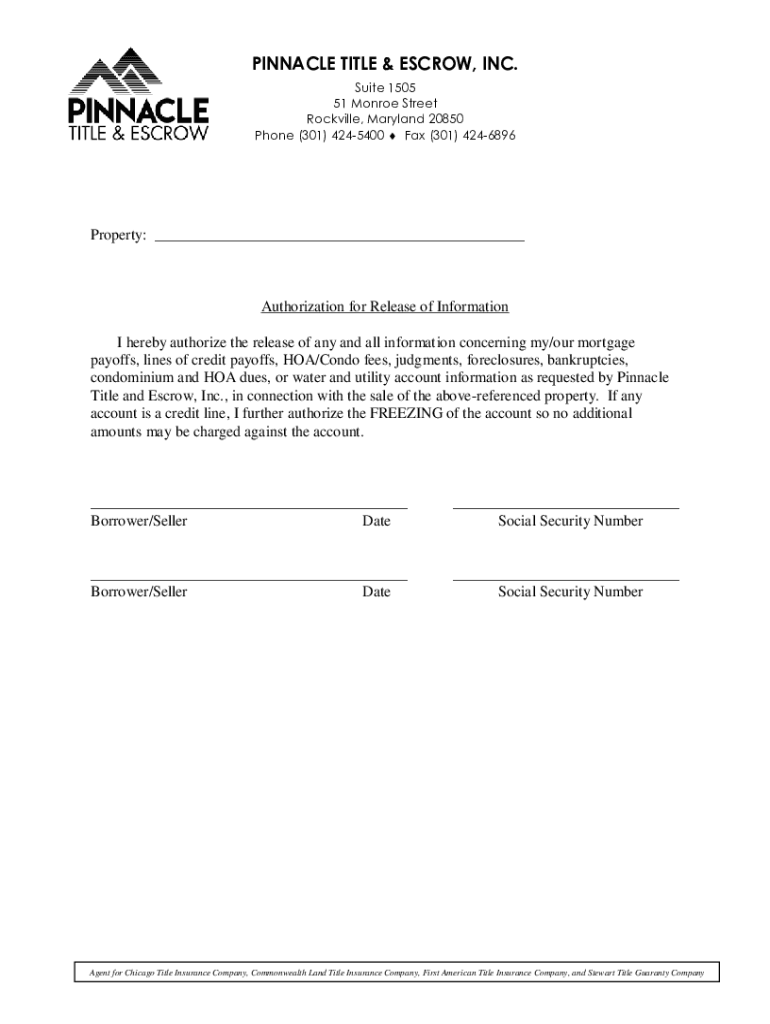 Fillable Online Authorization to Release Information - Pinnacle Title ...