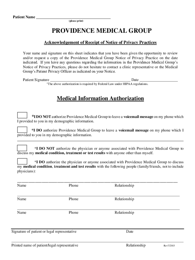 Fillable Online Patient FormsProvidence Medical Group Fax Email Print ...