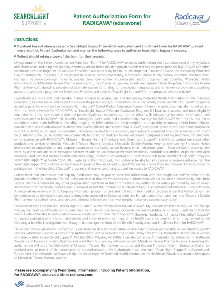 Fillable Online PATIENT AUTHORIZATION FORM FOR RADICAVA (edaravone) IV ...