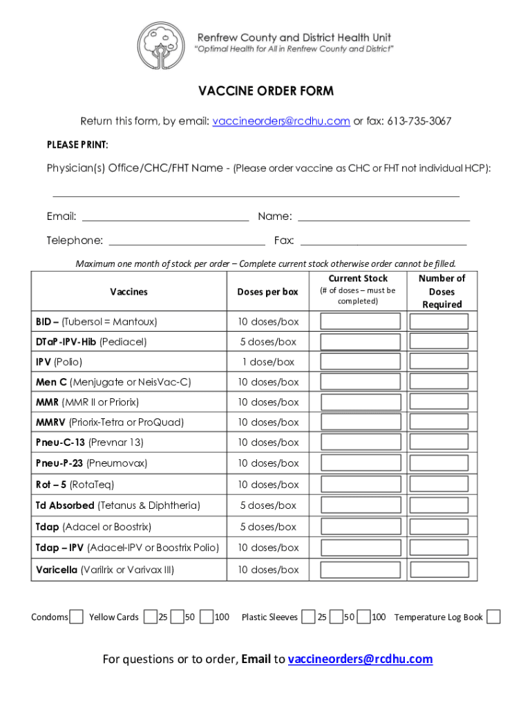 Fillable Online VACCINE ORDER FORM - Renfrew County and District Health ...