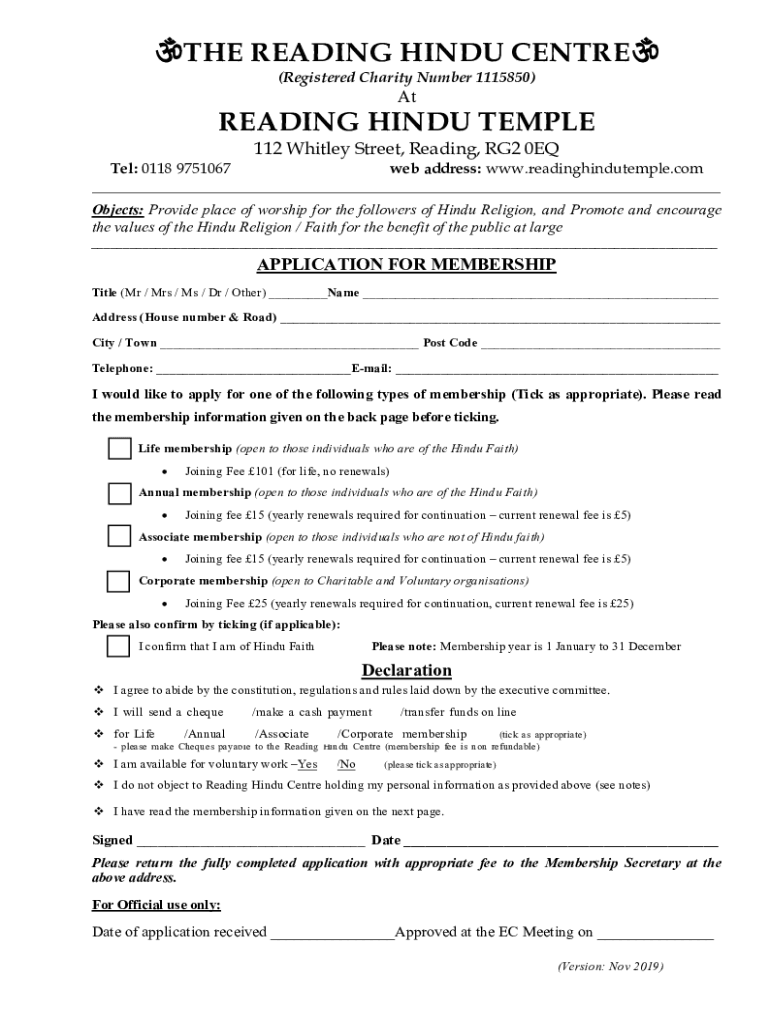 Fillable Online THE READING HINDU CENTRE READING HINDU TEMPLE Fax Email ...
