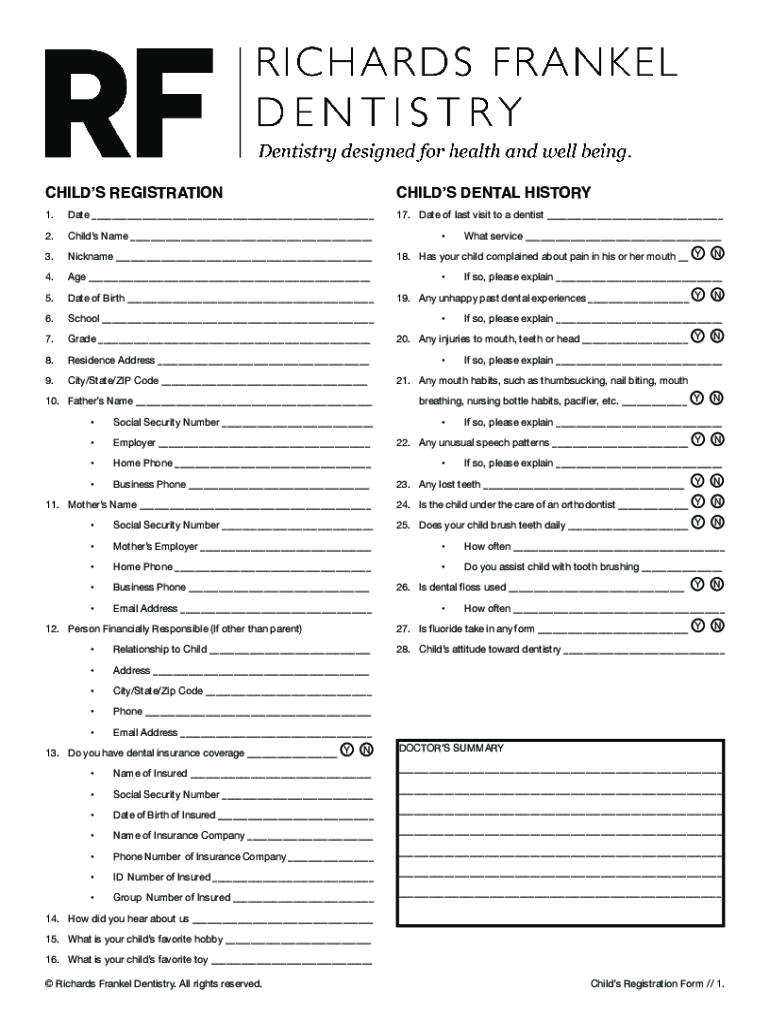Fillable Online Child Health/Dental History Form ADA American Dental ...