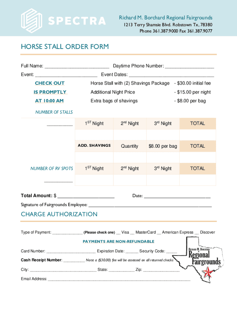 Fillable Online HORSE STALL ORDER FORM - Richard M. Borchard Regional ...