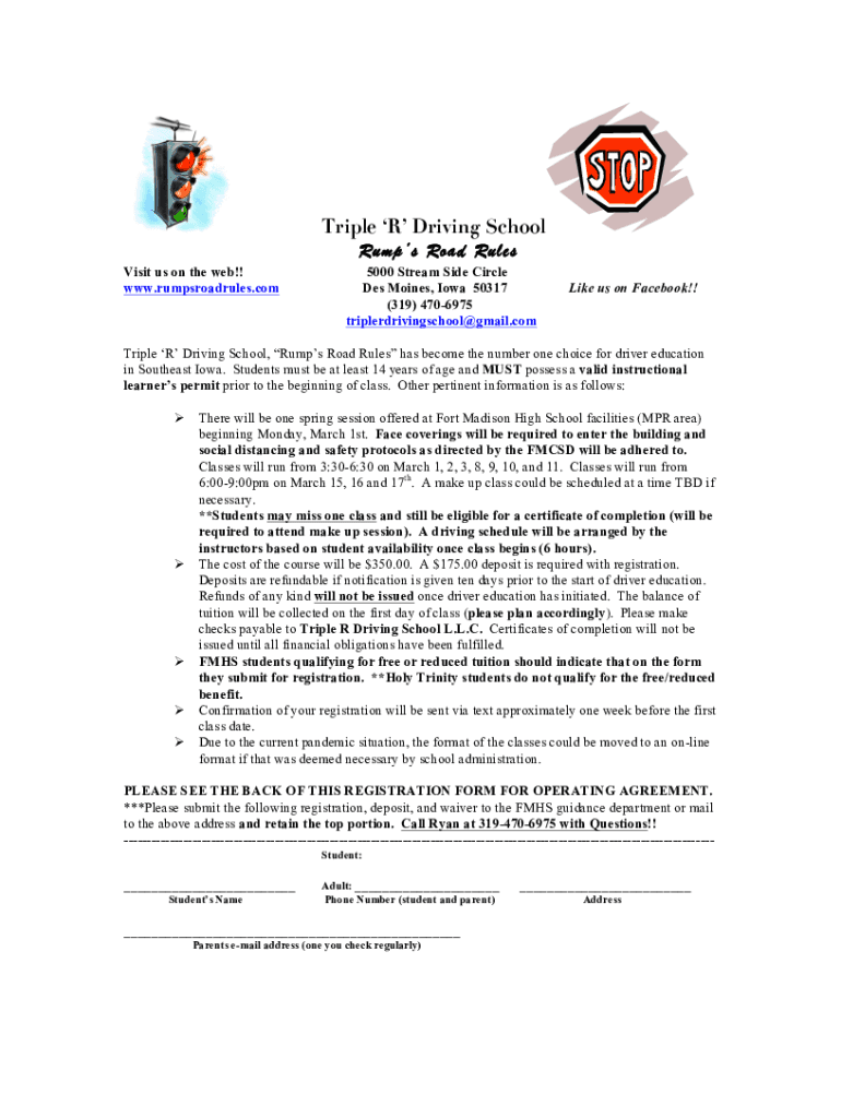 Fillable Online Triple R Driving School spring registration form 2021 ...