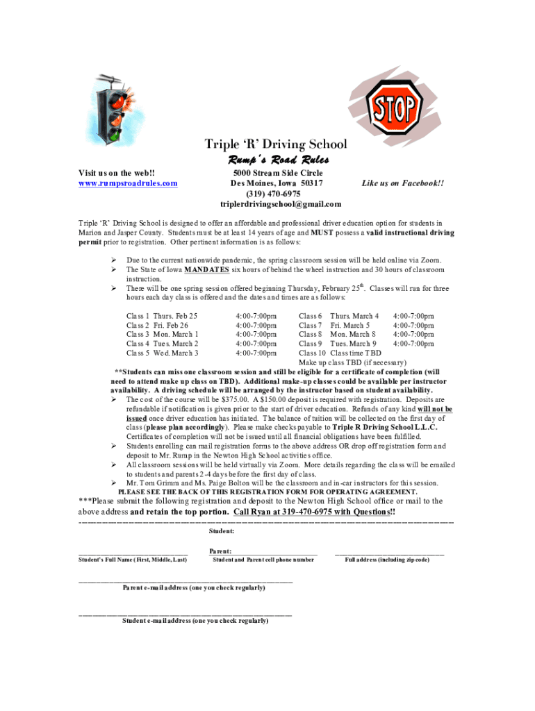 Fillable Online Triple R Driving School spring registration form 2021 ...