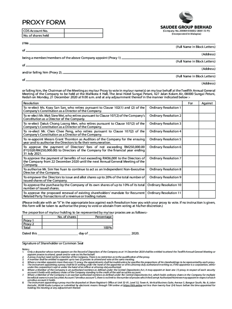 Fillable Online PROXY FORM SAUDEE GROUP BERHAD - Saudi Gold Fax Email ...