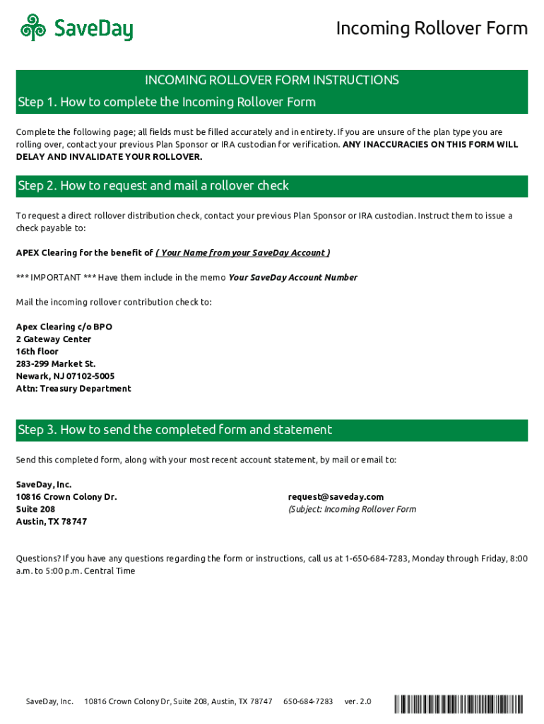 Fillable Online INCOMING ROLLOVER FORM INSTRUCTIONS Fax Email Print - pdfFiller