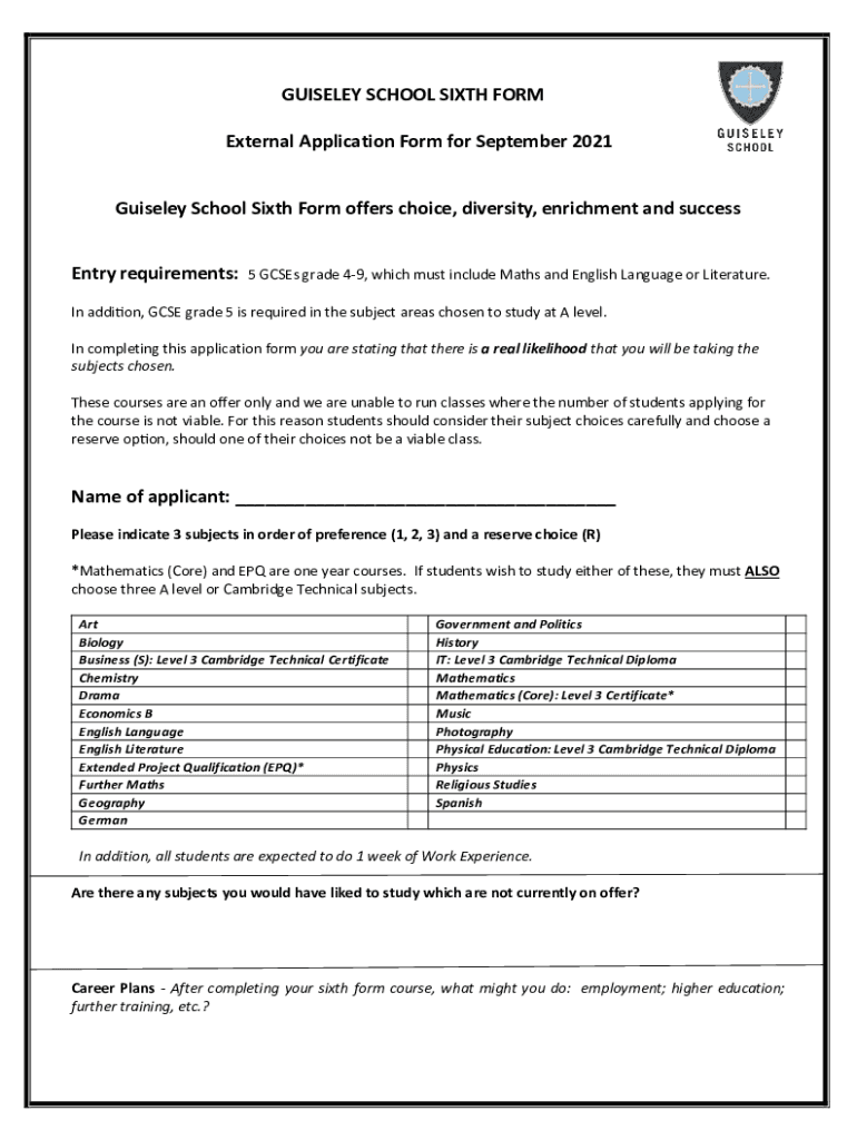 Fillable Online GUISELEY SCHOOL SIXTH FORM External Application Form ...