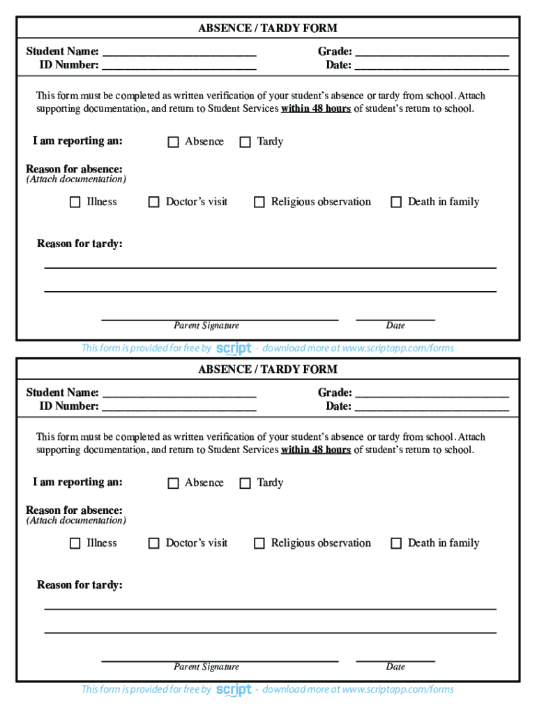 Fillable Online Absence-Tardy Form-Print copy Fax Email Print - pdfFiller