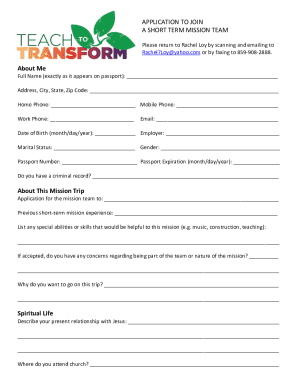 Fillable Online TEAM APPLICATION - Mission Opportunities Short Term Fax ...