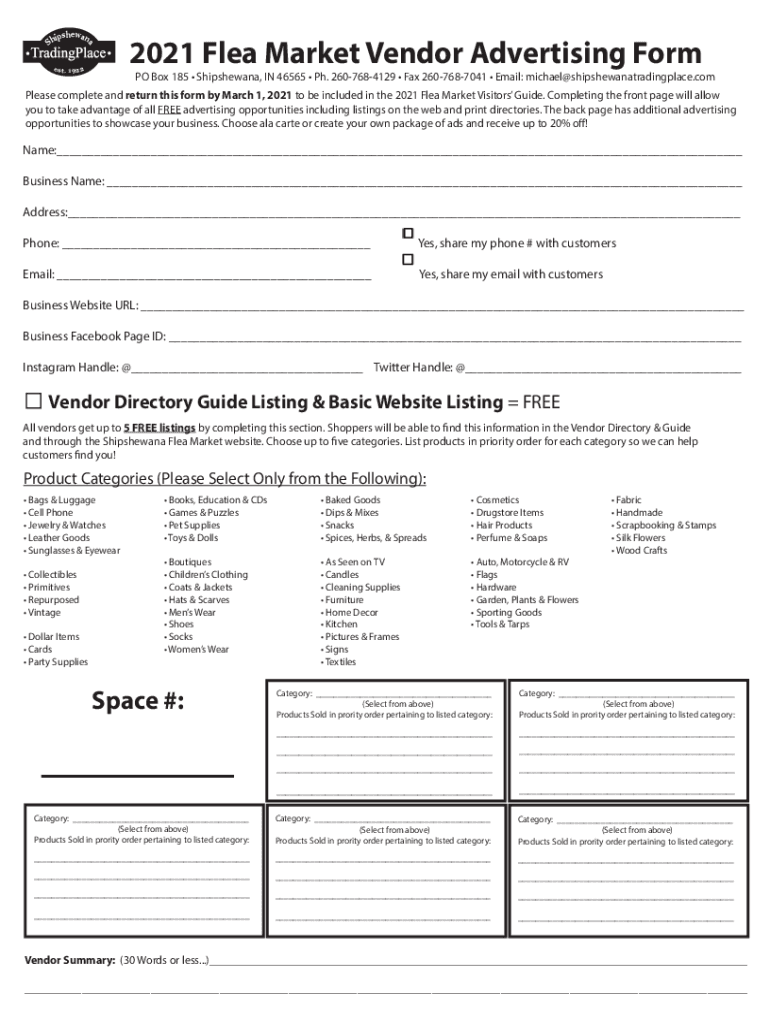 Fillable Online Shipshewana Flea Market Vendor Advertising Form ...