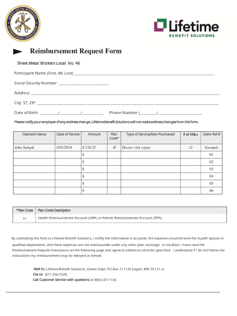Fillable Online Reimbursement Request Form - Sheet Metal Workers Local ...