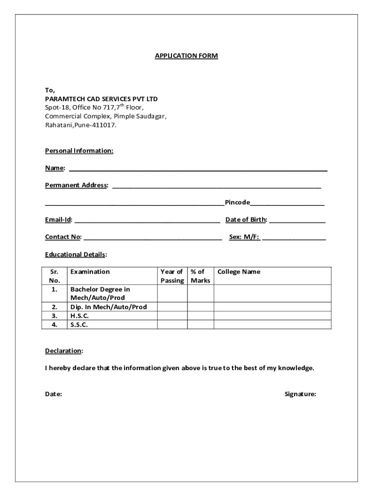 Fillable Online APPLICATION FORM PARAMTECH CAD SERVICES PVT LTD Fax ...