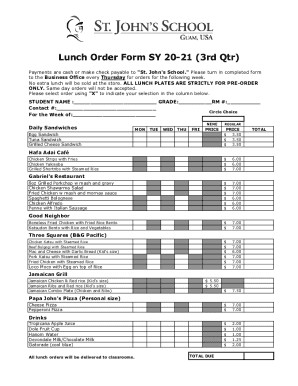 Fillable Online Lunch Order Form SY 20-21 (3rd Qtr) - St. John's School ...