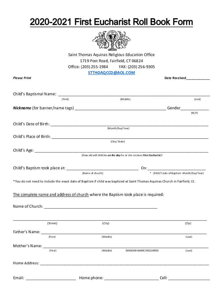 Fillable Online 2020-2021 First Eucharist Roll Book Form Fax Email ...