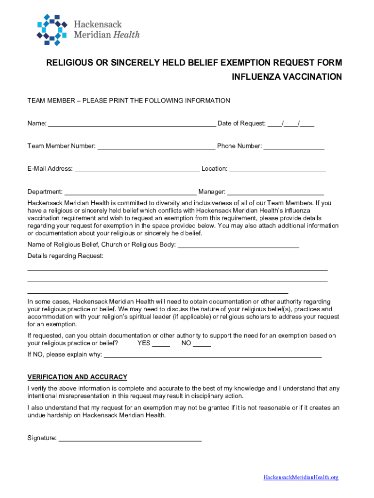 Fillable Online RELIGIOUS OR SINCERELY HELD BELIEF EXEMPTION REQUEST ...