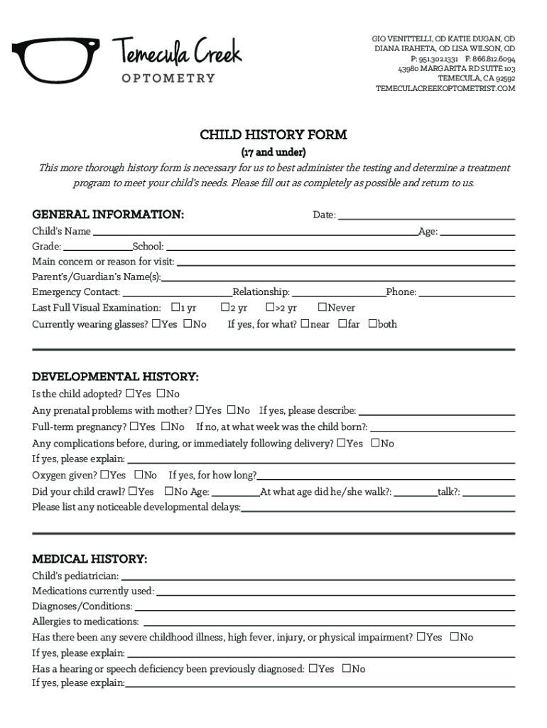 Fillable Online Child History form UPDATED 9.13.20 - Temecula ...