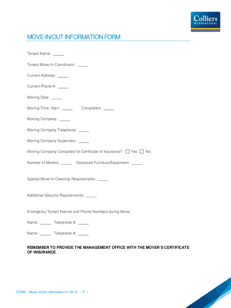 Fillable Online FORM - Move In-Out Information Form Fax Email Print ...