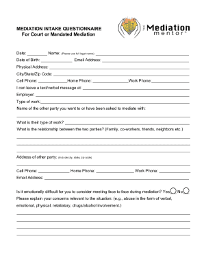 Fillable Online MEDIATION INTAKE QUESTIONNAIRE Fax Email Print - pdfFiller