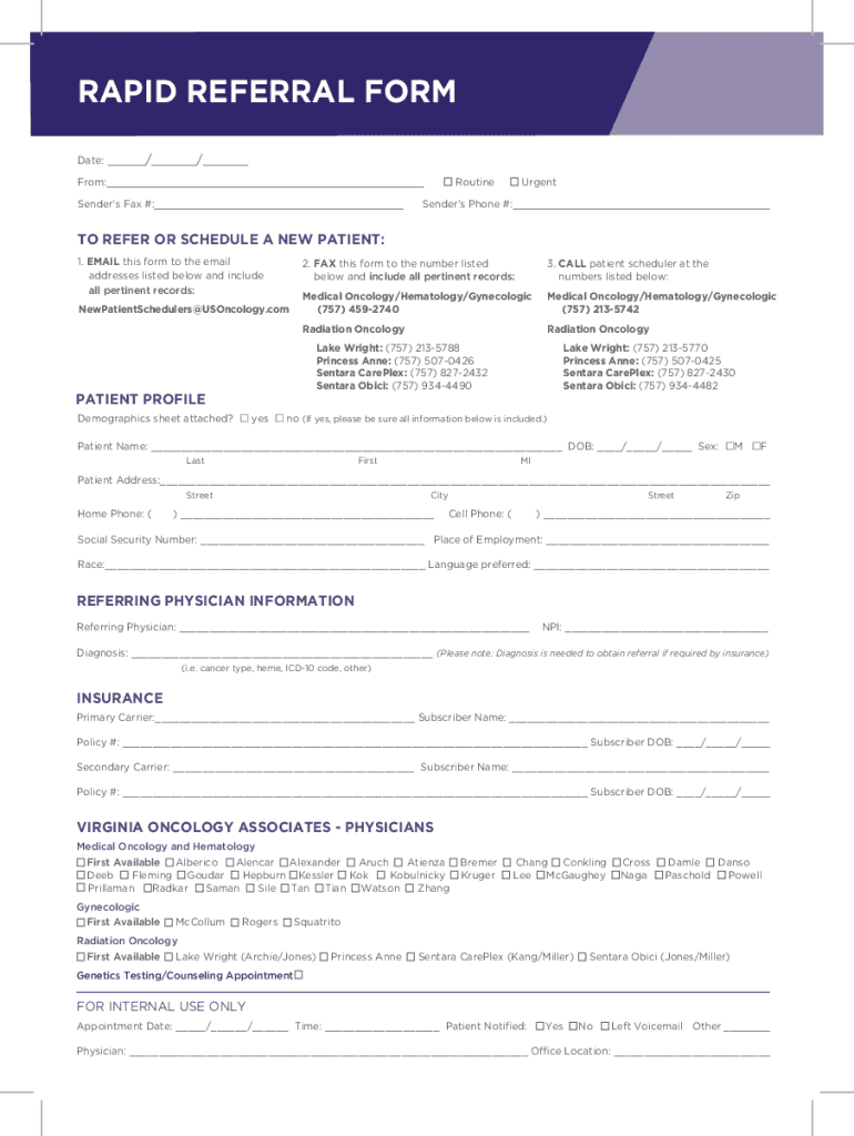 Fillable Online Fillable Online RAPID REFERRAL FORM - Virginia Oncology ...